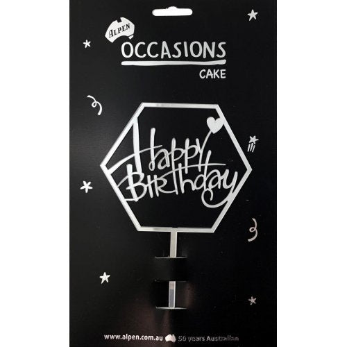 Happy Birthday Hex Silver Acrylic Cake Topper – The Party Superstore